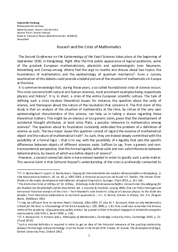 (PDF) Husserl and the Crisis of Mathematics