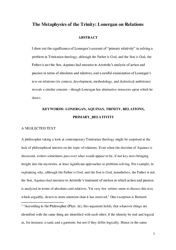 (PDF) The Metaphysics of the Trinity: Lonergan on Relations