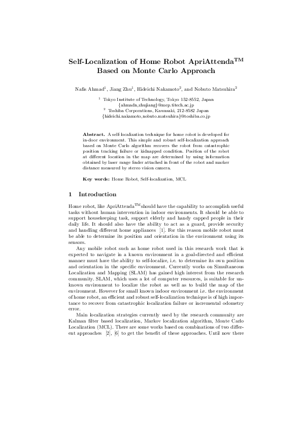(PDF) Self-Localization of Home Robot ApriAttenda TM Based on Monte ...