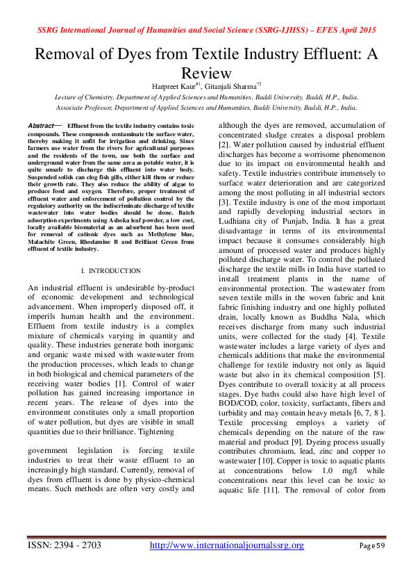 (PDF) Removal of Dyes from Textile Industry Effluent: A Review