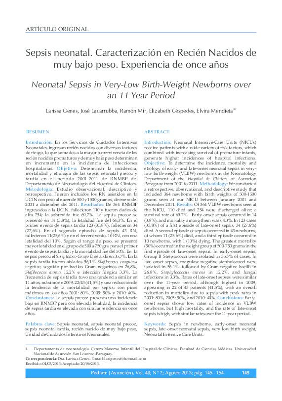 (PDF) Sepsis neonatal. Caracterización en Recién Nacidos de muy bajo ...