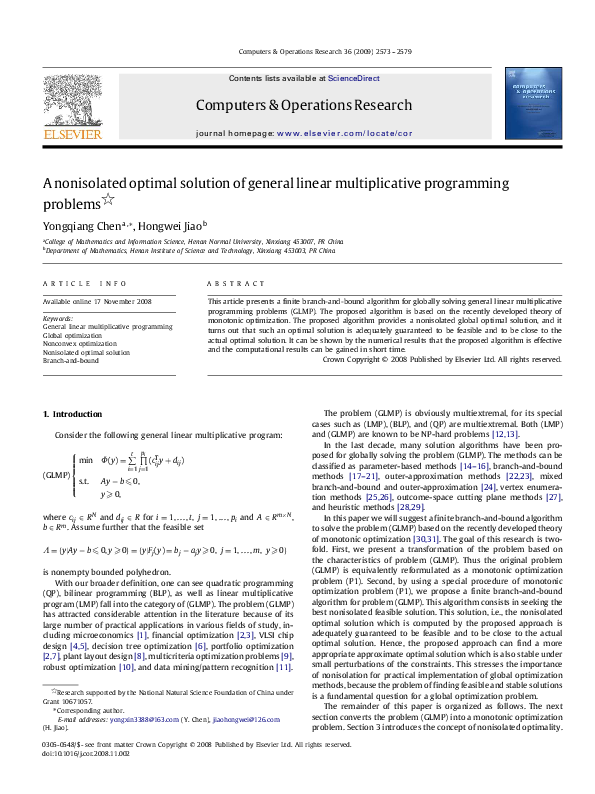 (PDF) A nonisolated optimal solution of general linear multiplicative programming problems