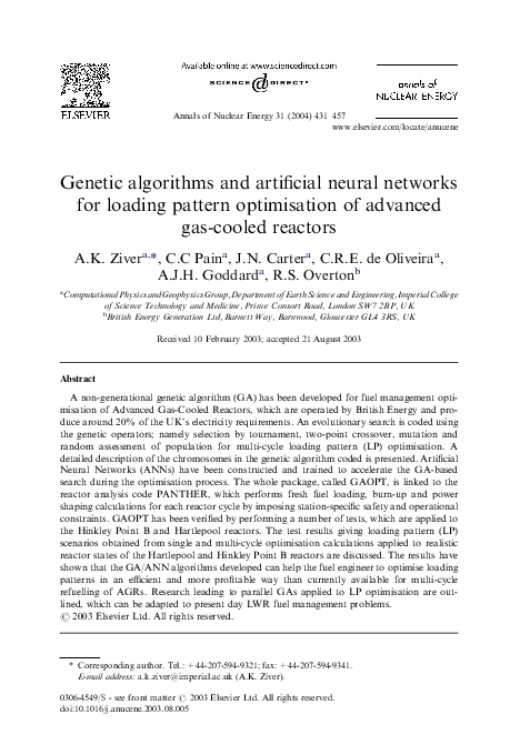 Pdf Genetic Algorithms And Artificial Neural Networks For Loading Pattern Optimisation Of