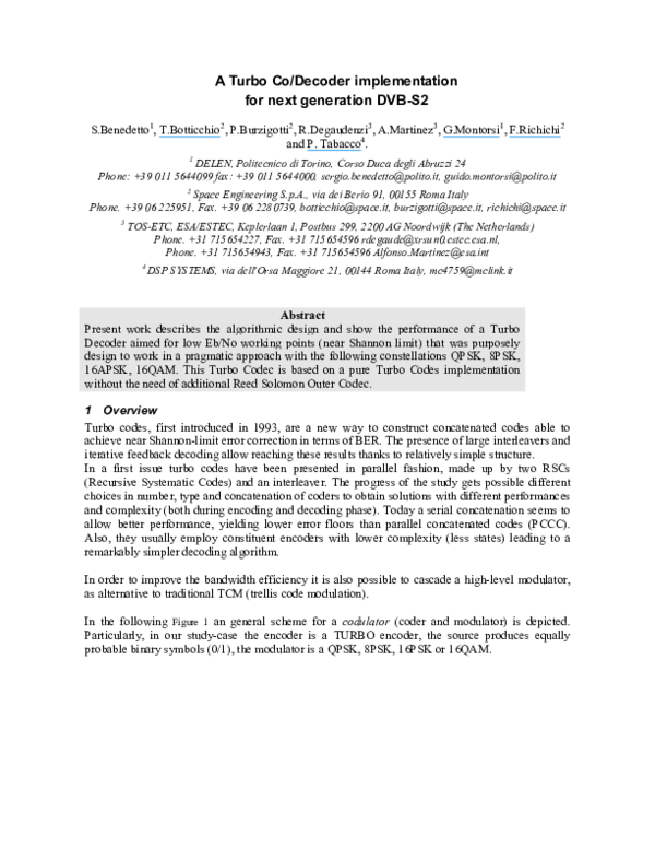 Pdf A Turbo Codecoder Implementation For Next Generation Dvb S2