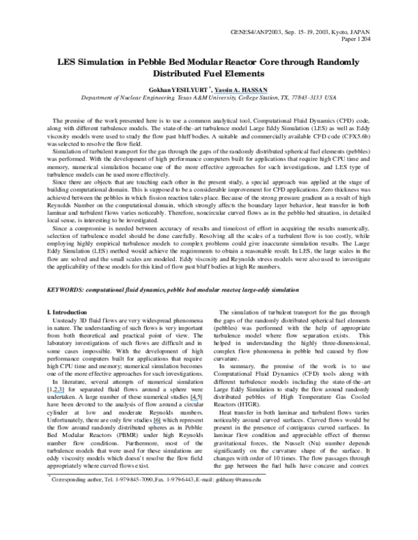 (PDF) LES simulation in pebble bed modular reactor core through randomly distributed fuel elements