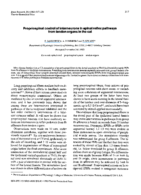 (PDF) Propriospinal control of interneurons in spinal reflex pathways ...