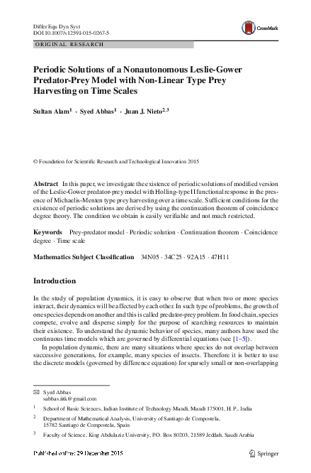 (PDF) Periodic Solutions of a Nonautonomous Leslie-Gower Predator-Prey Model with Non-Linear ...