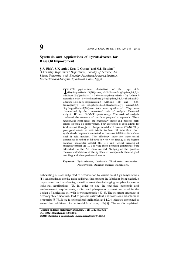 (PDF) Synthesis and Applications of Pyridazinones for Base Oil ...