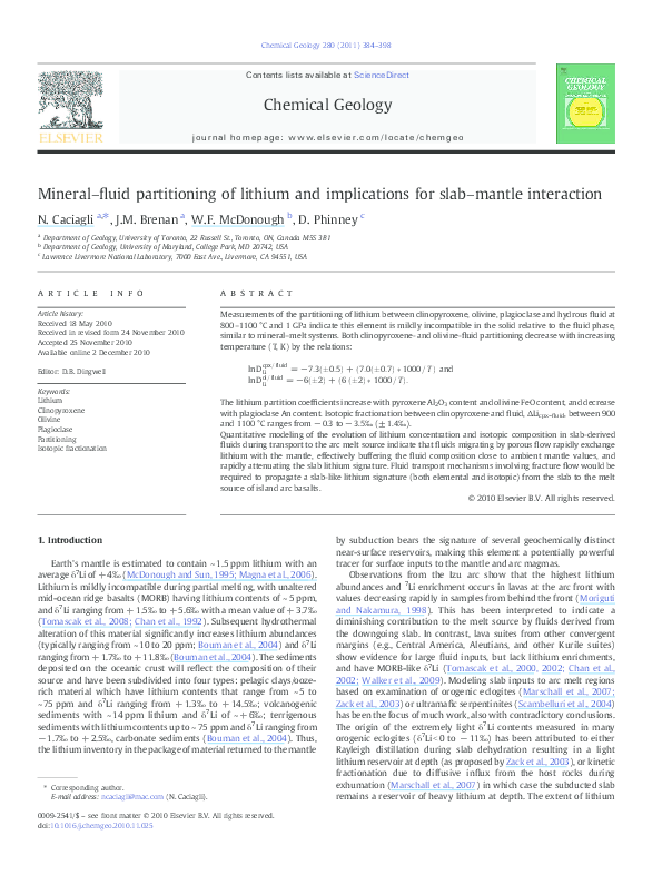 (PDF) Mineral–fluid partitioning of lithium and implications for slab–mantle interaction ...