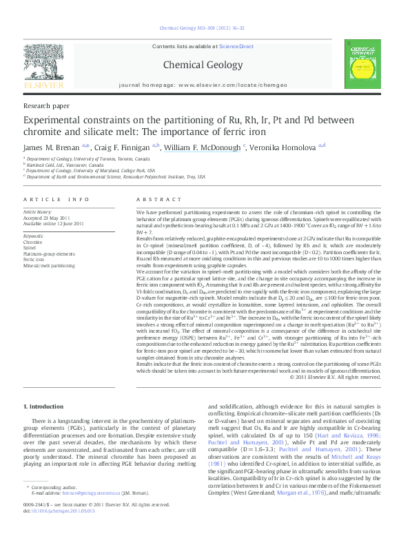 Pdf Experimental Constraints On The Partitioning Of Ru Rh Ir Pt And Pd Between Chromite And