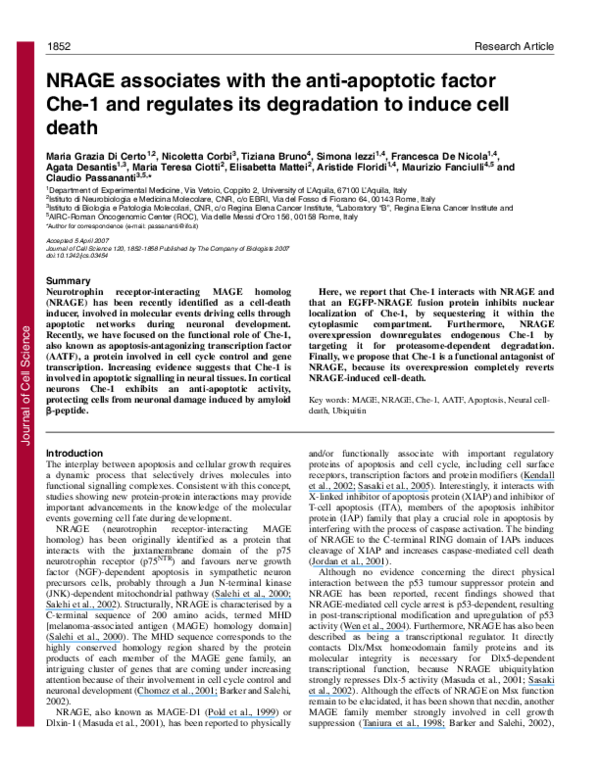 (PDF) NRAGE associates with the anti-apoptotic factor Che-1 and ...