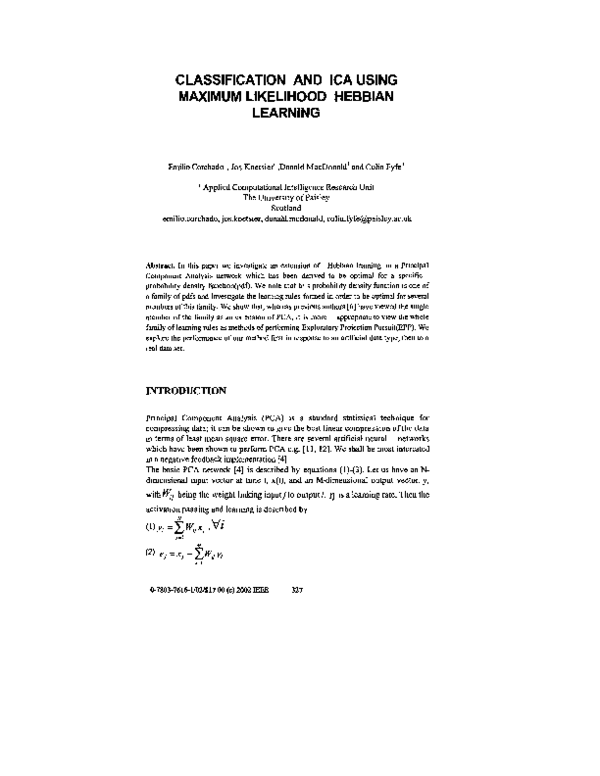 (PDF) CLASSIFICATION AND ICA USING MAXIMUM LIKELIHOOD HEBBIAN LEARNING