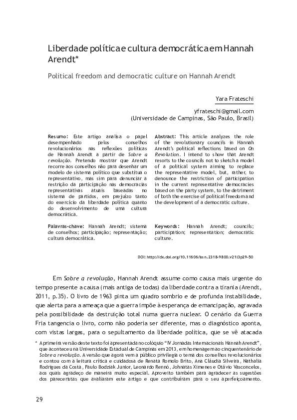 (PDF) Liberdade política e cultura democrática em Hannah Arendt ...