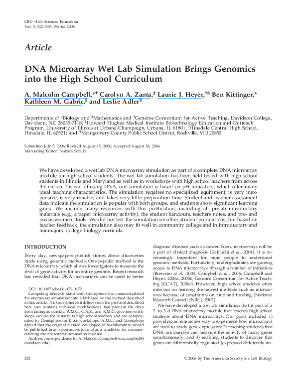 (PDF) DNA Microarray Wet Lab Simulation Brings Genomics into the High School Curriculum