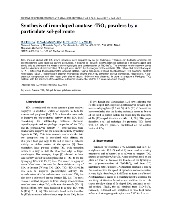 (PDF) Synthesis of iron-doped anatase-TiO2 powders by a particulate sol-gel route