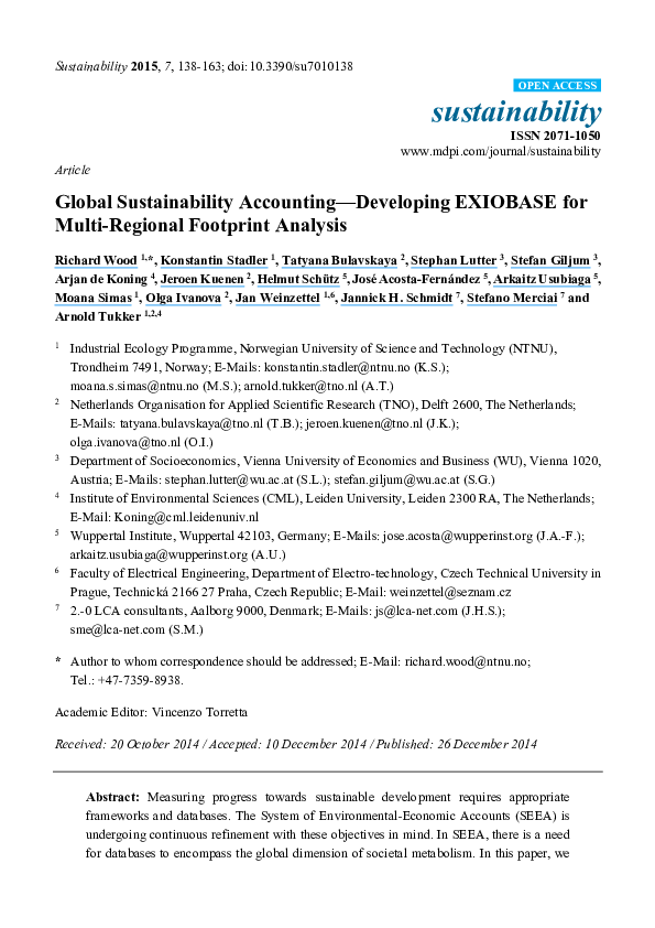 (PDF) Global Sustainability Accounting—Developing EXIOBASE for Multi ...