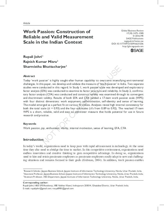 (PDF) Work Passion: Construction of Reliable and Valid Measurement ...