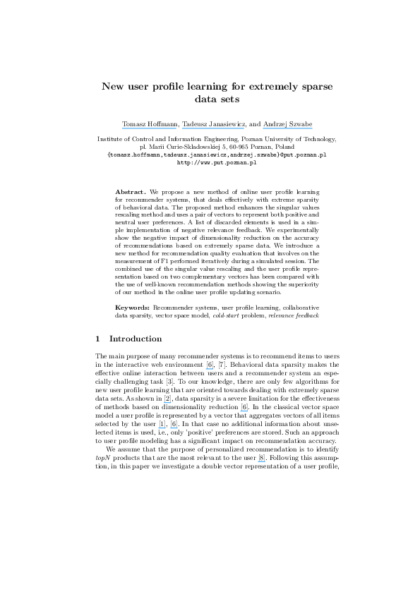 Pdf New User Profile Learning For Extremely Sparse Data Sets
