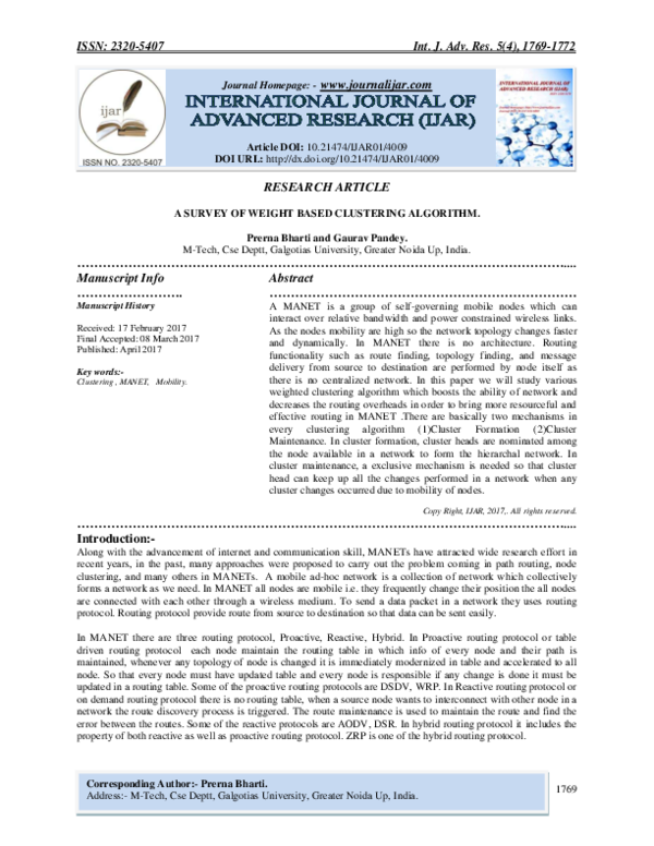 Pdf A Survey Of Weight Based Clustering Algorithm Ijar Indexing