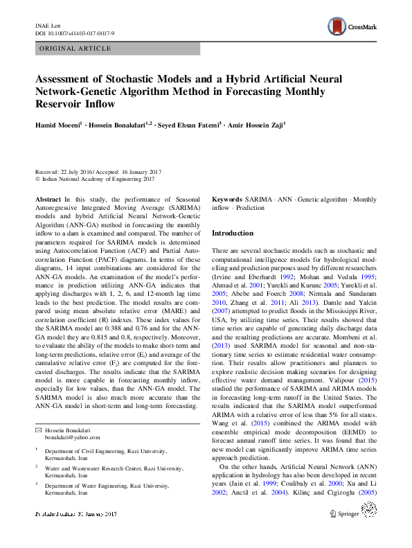 Pdf Assessment Of Stochastic Models And A Hybrid Artificial Neural