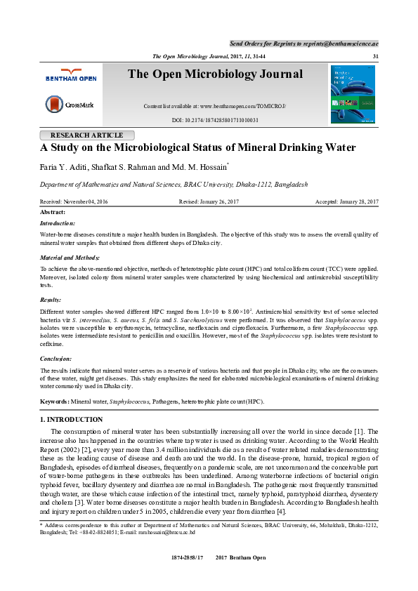 (PDF) A Study on the Microbiological Status of Mineral Drinking water