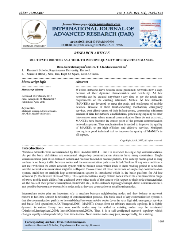 (PDF) MULTIPATH ROUTING AS A TOOL TO IMPROVE QUALITY OF SERVICES IN MANETS