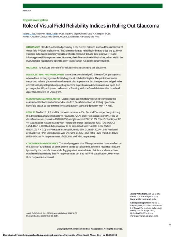 (PDF) Role of Visual Field Reliability Indices in Ruling Out Glaucoma