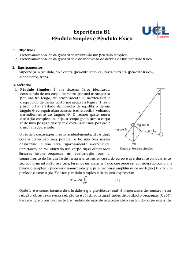 (PDF) Experiência B1 Pêndulo Simples e Pêndulo Físico