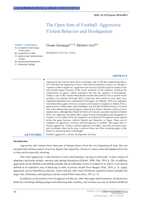 (PDF) The Open Sore of Football: Aggressive Violent Behavior and ...