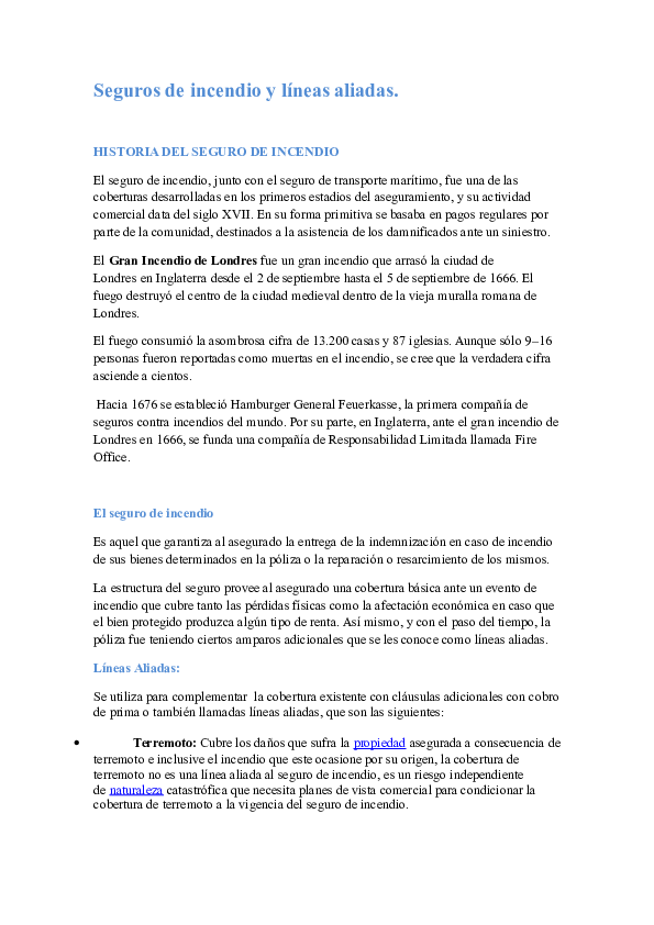 (DOC) Seguros de incendio y líneas aliadas. HISTORIA DEL SEGURO DE INCENDIO