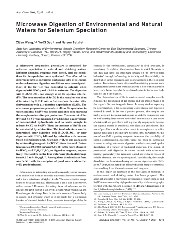 (PDF) Microwave Digestion of Environmental and Natural Waters for Selenium Speciation