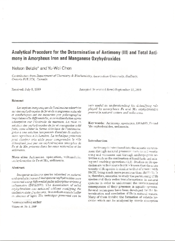 Pdf Analytical Procedure For The Determination Of Antimony Iii And Total Antimony In