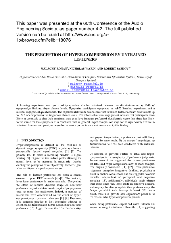 (PDF) The Perception of Hyper-Compression by Untrained Listeners