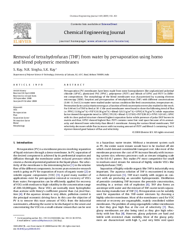 (PDF) Removal of tetrahydrofuran (THF) from water by pervaporation ...