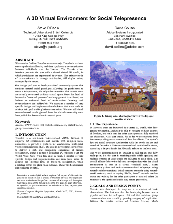(PDF) A 3D virtual environment for social telepresence | Steve DiPaola ...