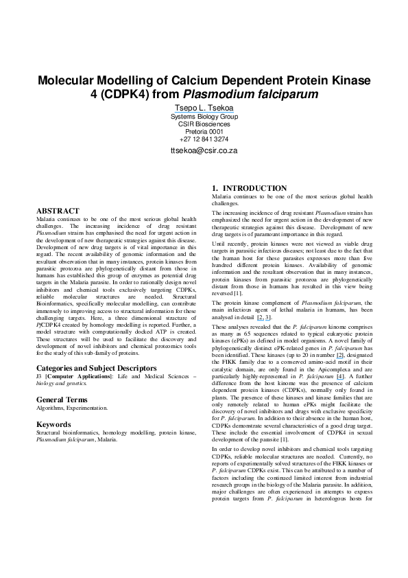 (PDF) Molecular modelling of calcium dependent protein kinase 4 (CDPK4 ...