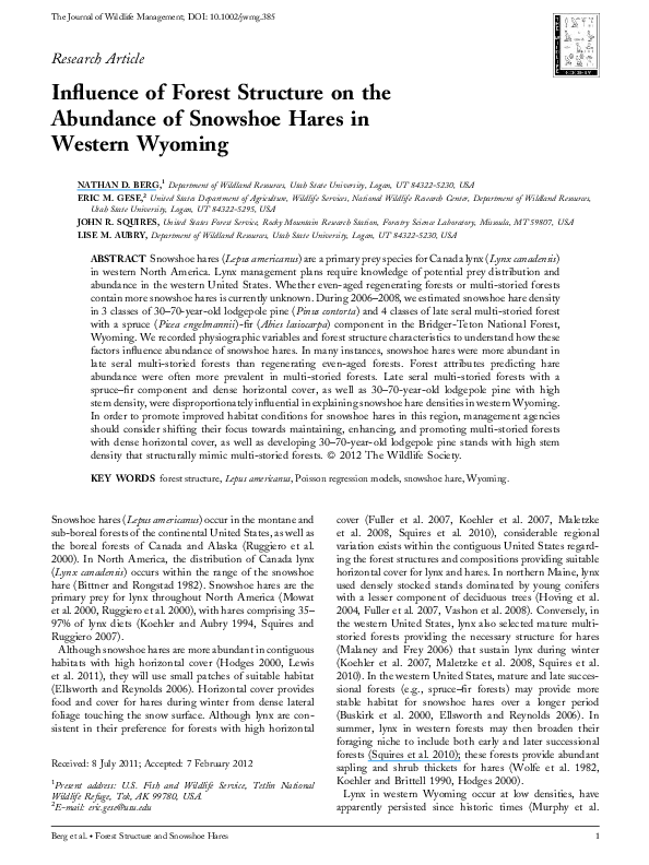 (PDF) Snowshoe Hare and Forest Structure Relationships in Western Wyoming