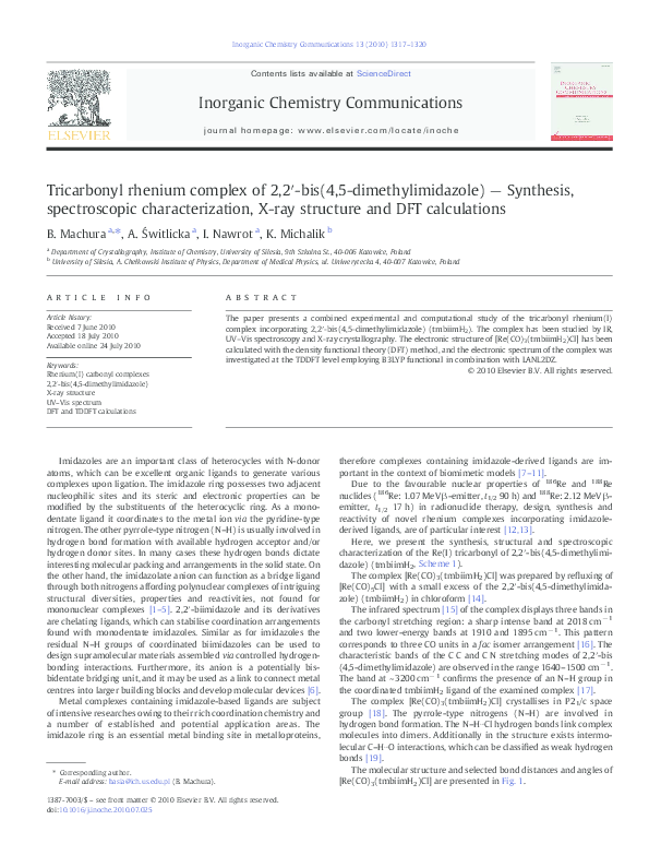 (PDF) Tricarbonyl rhenium complex of 2,2′-bis(4,5-dimethylimidazole) — Synthesis, spectroscopic ...