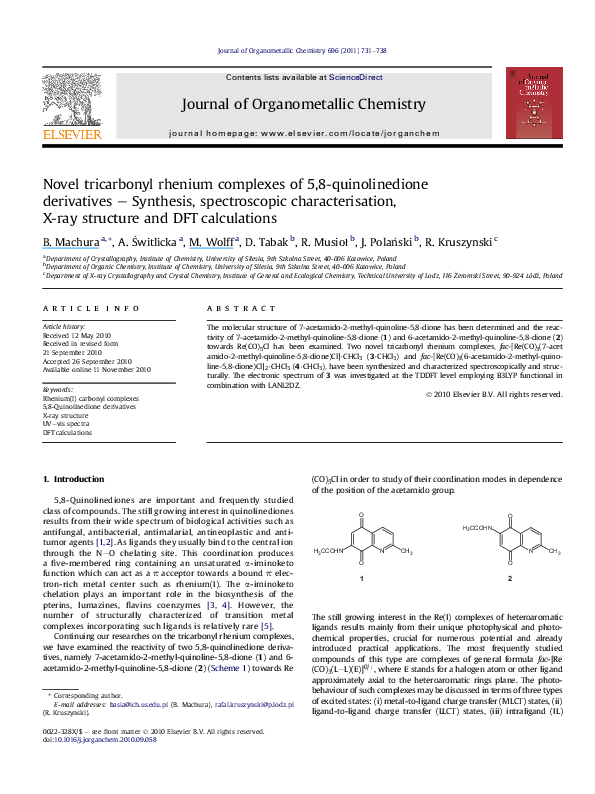 (PDF) Novel tricarbonyl rhenium complexes of 5,8-quinolinedione derivatives - synthesis ...