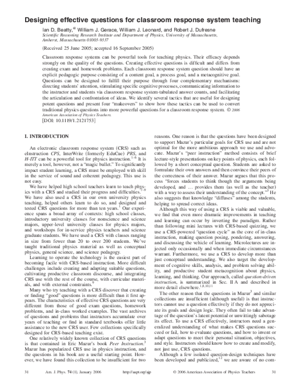 (PDF) Designing effective questions for classroom response system teaching