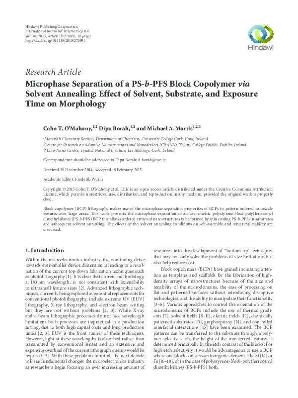 Pdf Microphase Separation Of A Ps B Pfs Block Copolymer Via Solvent Annealing Effect Of