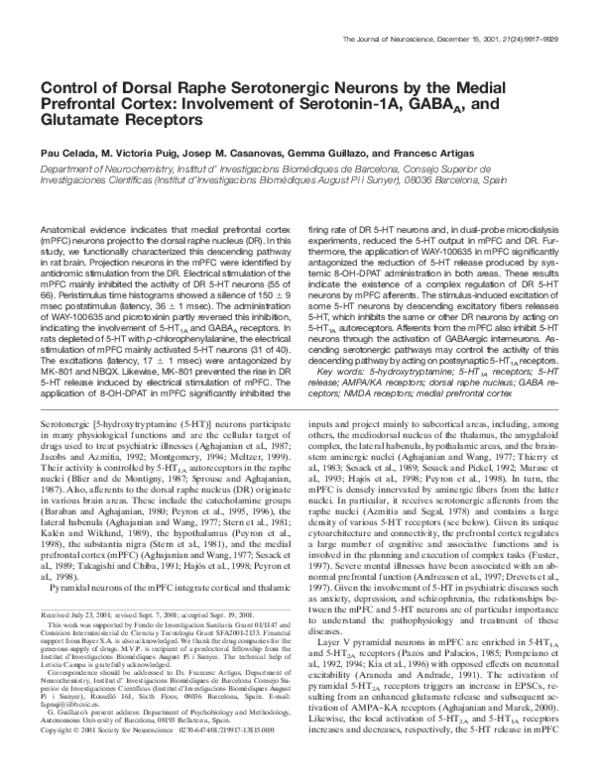 (PDF) Control of dorsal raphe serotonergic neurons by the medial prefrontal cortex: involvement ...