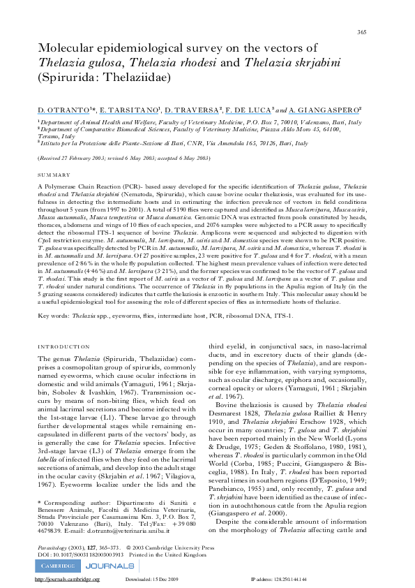 (PDF) Molecular epidemiological survey on the vectors of Thelazia ...