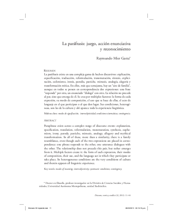 (PDF) "La paráfrasis: juego, acción enunciativa y reconocimiento" en ...
