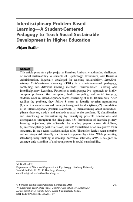 (PDF) Interdisciplinary Problem-Based Learning—A Student-Centered Pedagogy to Teach Social ...