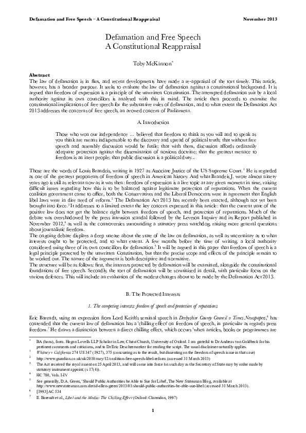 (PDF) Defamation and Free Speech - A Constitutional Reappraisal | Toby ...