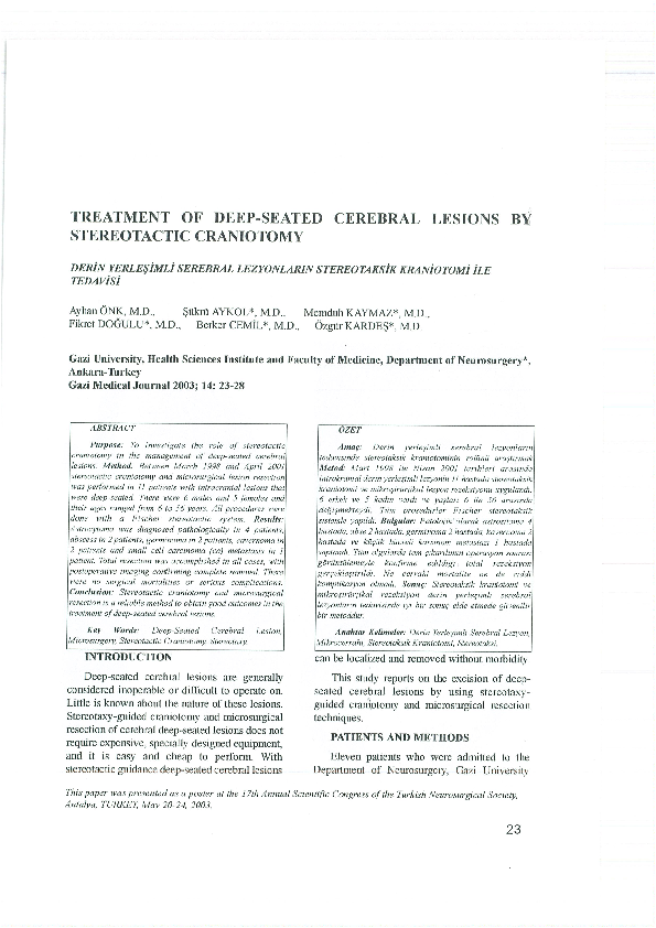 (PDF) Treatment of Deep-Seated Cerebral Lesions by Stereotactic Craniotomy