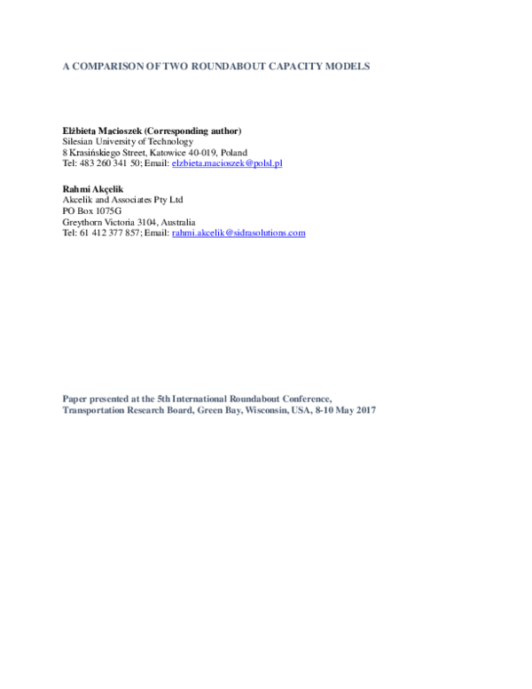 (PDF) A COMPARISON OF TWO ROUNDABOUT CAPACITY MODELS