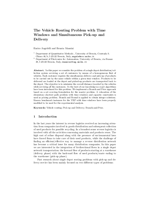 Pdf A Branch And Price Algorithm For A Simultaneous Pick Up And Delivery Problem