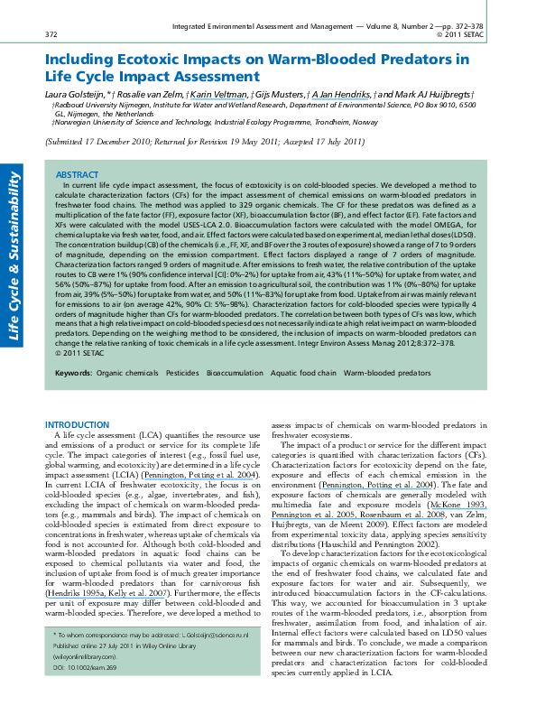 (PDF) Including ecotoxic impacts on warm-blooded predators in life ...